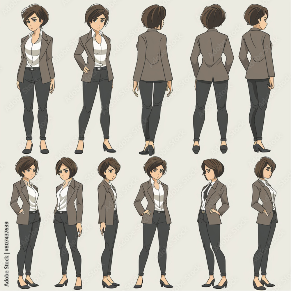 set of character designs, full body turnarounds of a business woman in ...