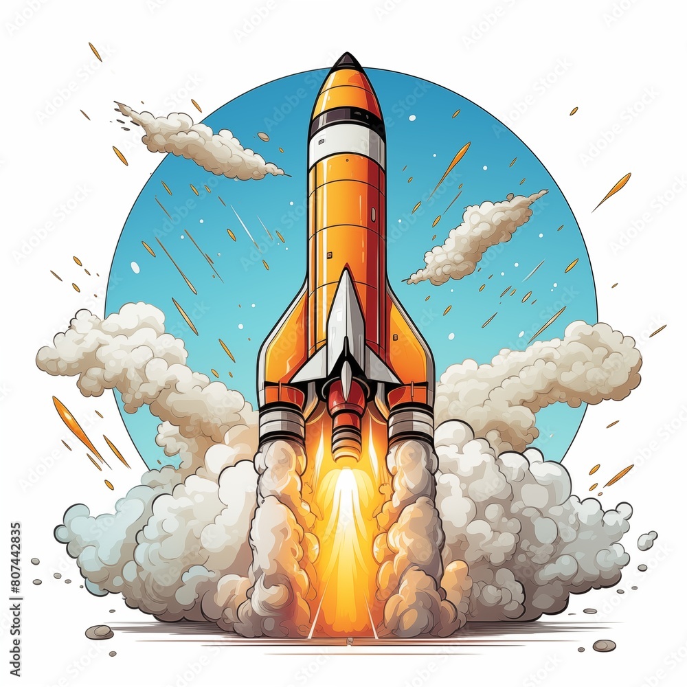 Stylized Illustration of a Powerful Rocket Launch with Dynamic Clouds ...