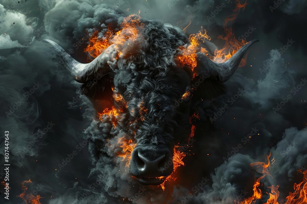 black yak engulfed in flames and smoke dramatic 3d rendering surreal ...