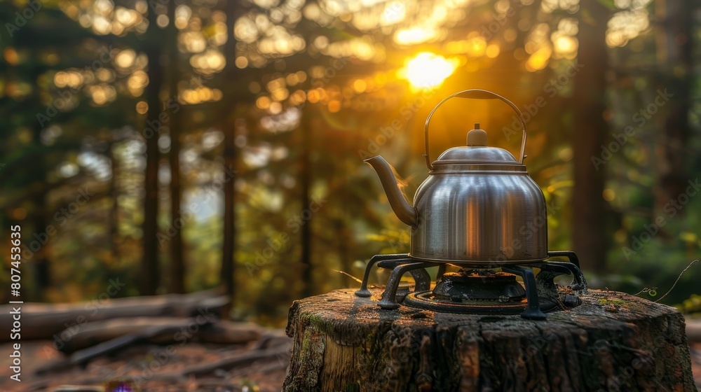 Stainless steel kettle on a gas stove, rustic cypress tree stump ...