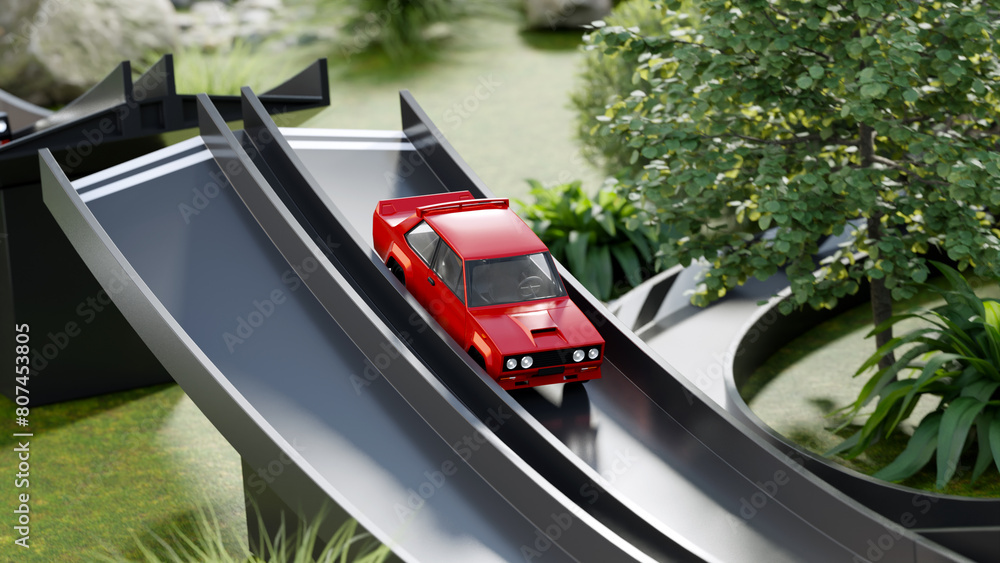 Closeup of a red rally car in a miniature racetrack with trees and ...