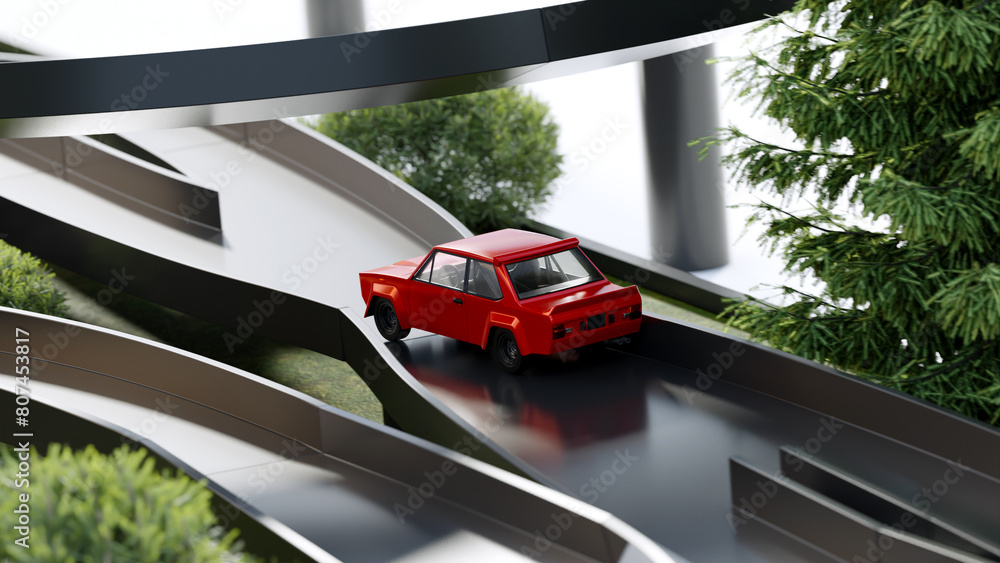 Closeup of a red rally car in a miniature racetrack with trees and ...