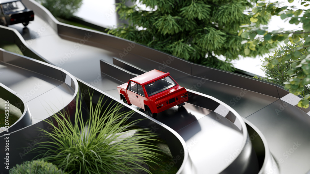 Closeup of a red rally car in a miniature racetrack with trees and ...