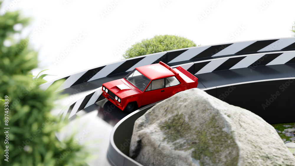 Closeup of a red rally car in a miniature racetrack with trees and ...