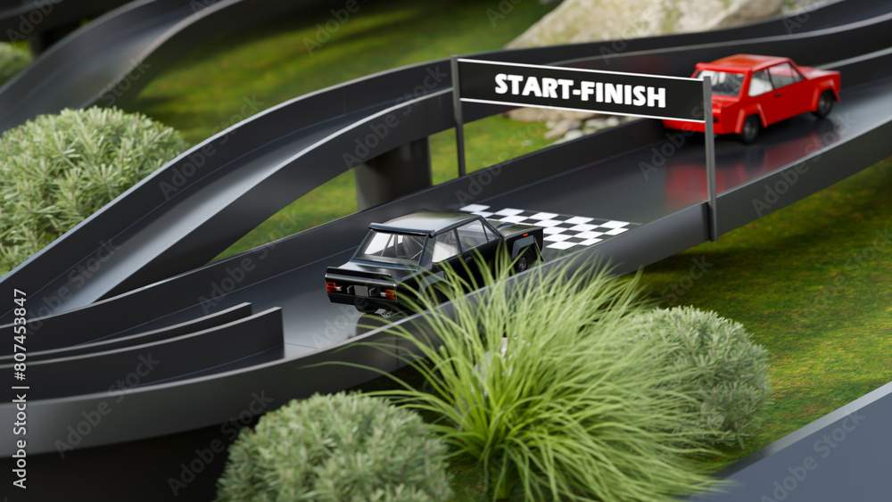 Closeup of a black rally car in a miniature racetrack with trees and ...
