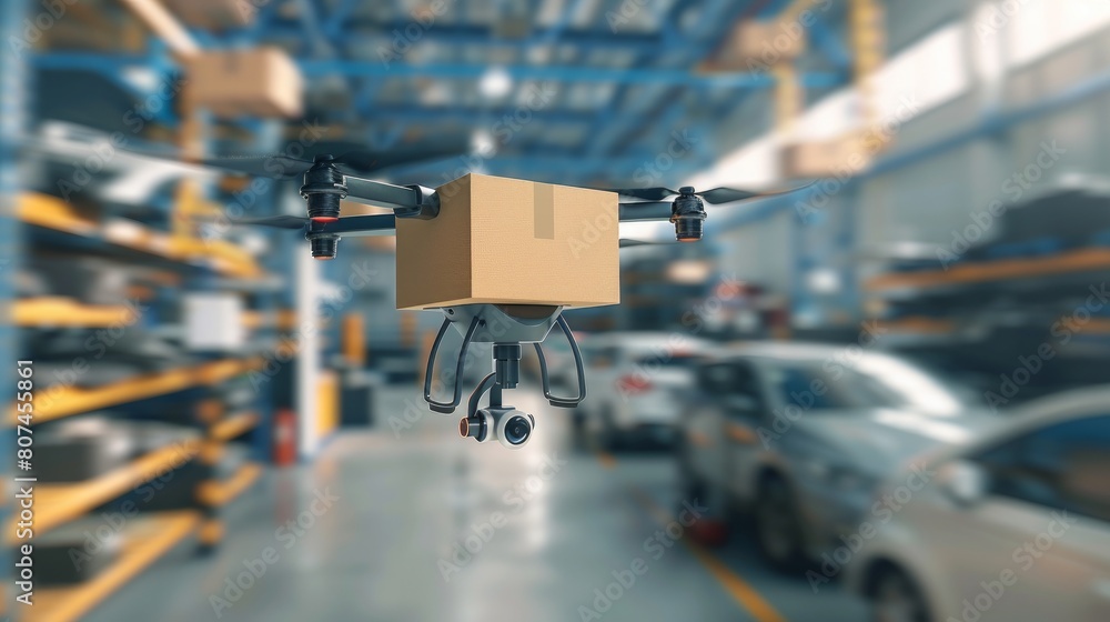 Flying delivery drone transferring parcel box from distribution ...