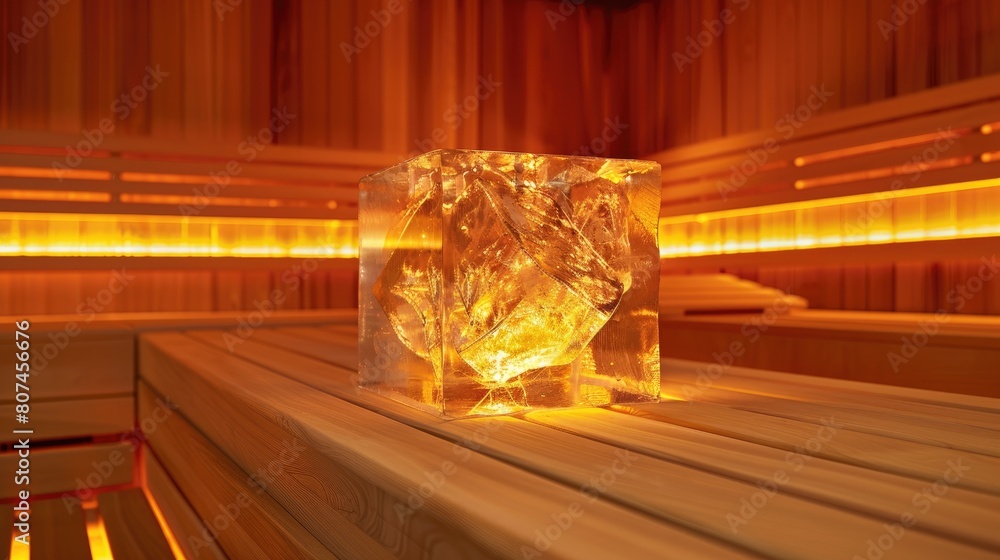 Detailed view of an ice sculpture in a sauna room, temporary art in a ...