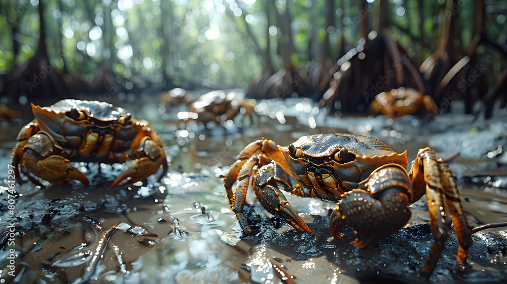 Photo realistic depiction of crabs scuttling through a muddy mangrove ...