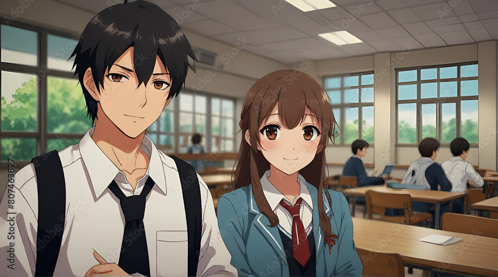 cute anime girl and boy sitting in a classroom genrative.ai ilustración ...