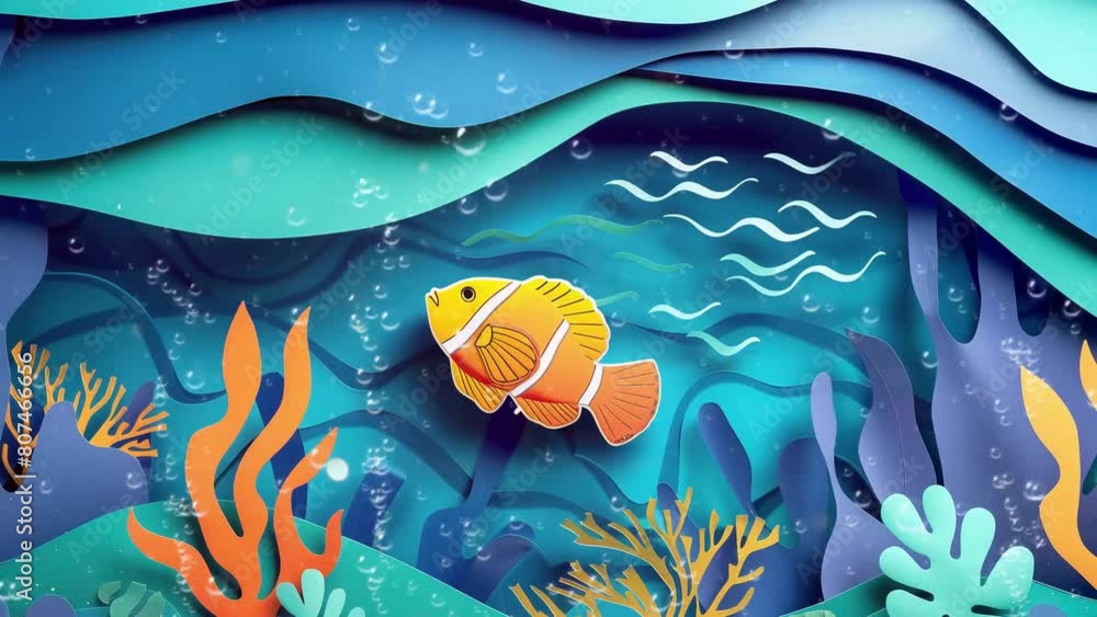 paper cut fish with coral reef sea water life save. seamless looping ...