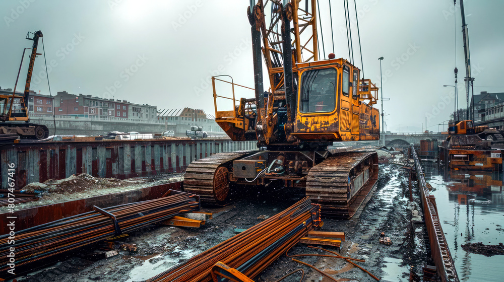 Large Bundle of Steel Rebar Being Lifted by Crane at Construction Site ...