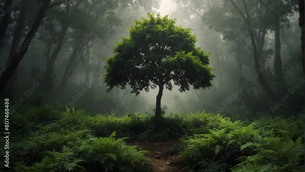 A lush forest, a lone neem tree with a solid white background stood out ...