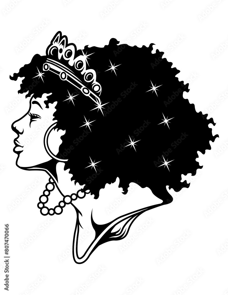 Afro Queen Illustration, Curly Hair Woman with Crown Cut File, Black ...