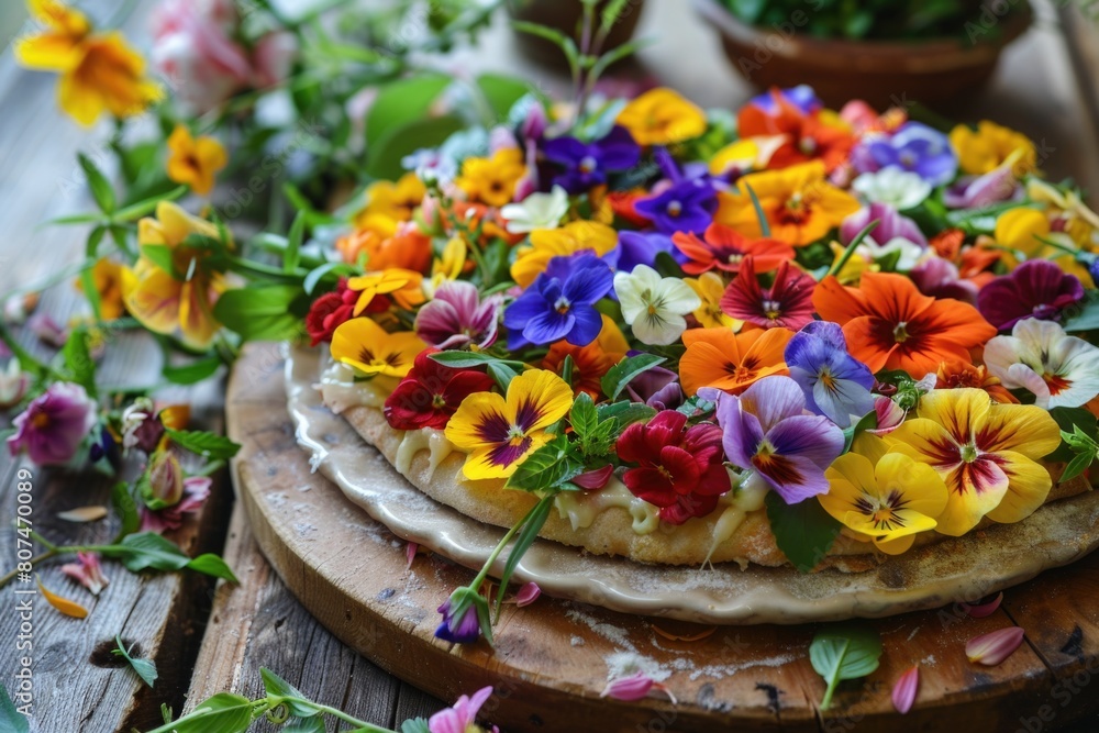 Floral Pizza on Wooden Background with Edible Flower Toppings and ...