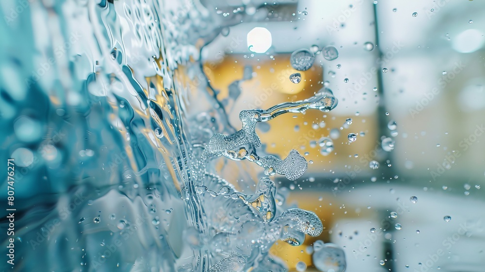 Detailed view of a glass cleaner in action on a clear surface, water ...