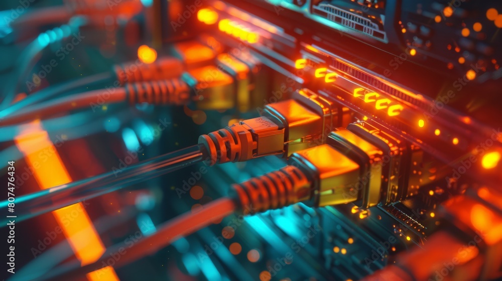 Fiber Optic cables connected to ports in a data center generative ai ...