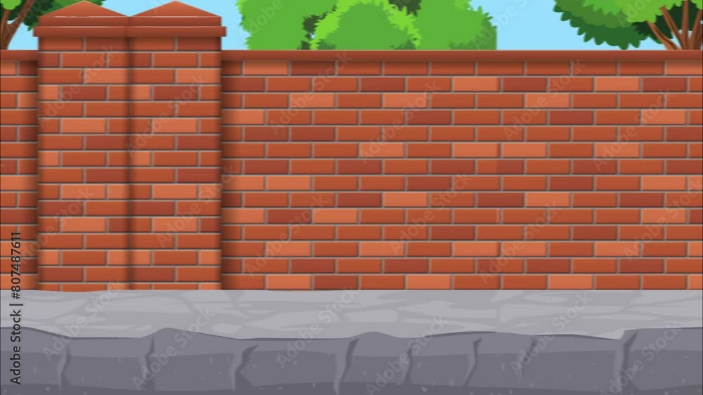 2d pedestrian street landscape with red brick wall and roads. running ...