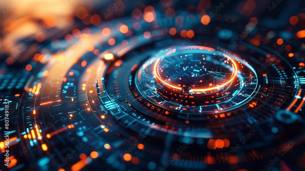 The image is an illustration of a computer chip with a glowing orange ...