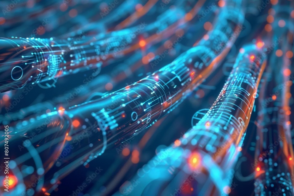 The image shows a bunch of blue and orange cables that resemble the ...