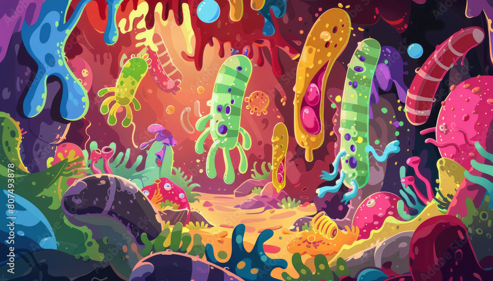 Illustration of cute cartoon bacteria wearing chef hats, cooking in an ...