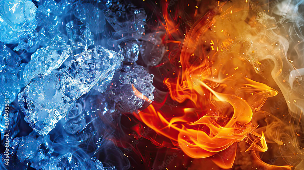 Artistic representation of a battle between fiery and icy elements ...