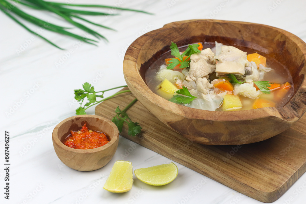 Chicken vegetables soup, Indonesian popular chicken soup made with ...