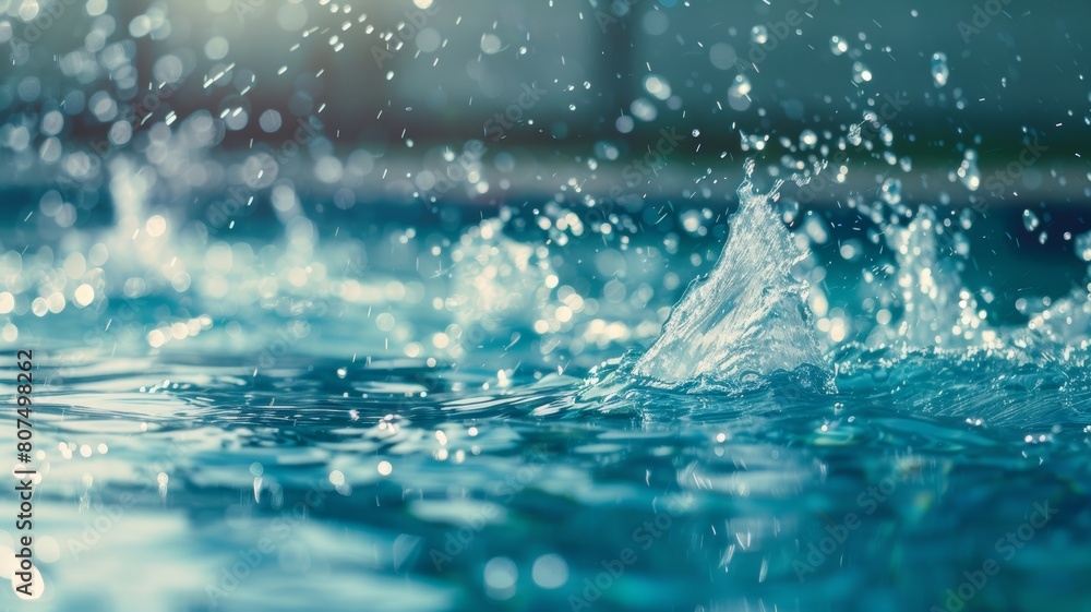 bright side view of a pool water surface with a splash in the water ...