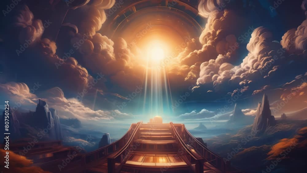 A grand staircase ascends toward a circular opening in the clouds ...