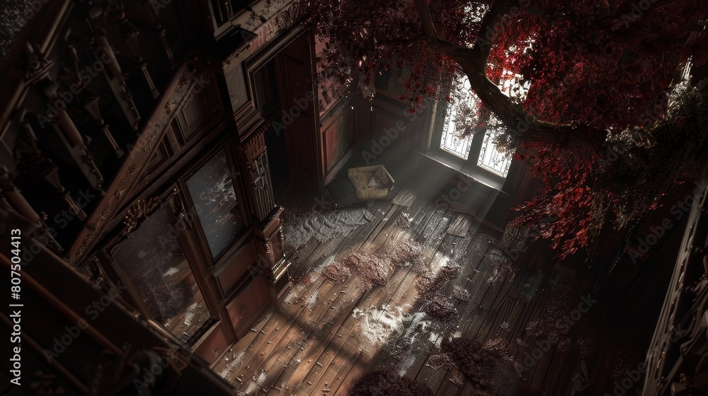 Craft a spine-chilling scene through minimalist birds-eye view ...