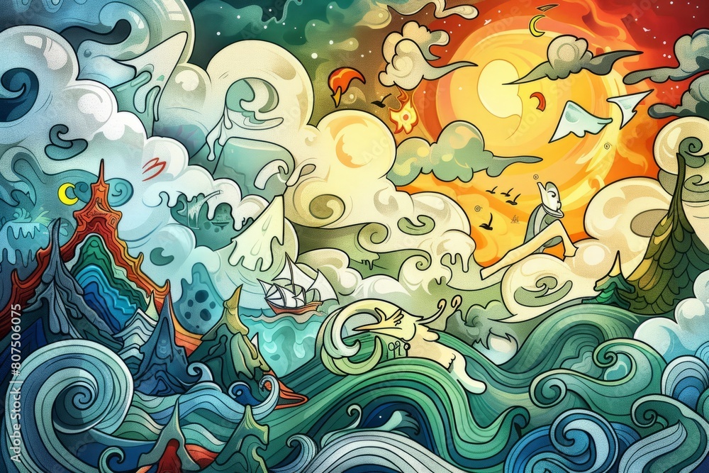 Cartoon cute doodles of a dreamscape inspired by ancient mythology ...