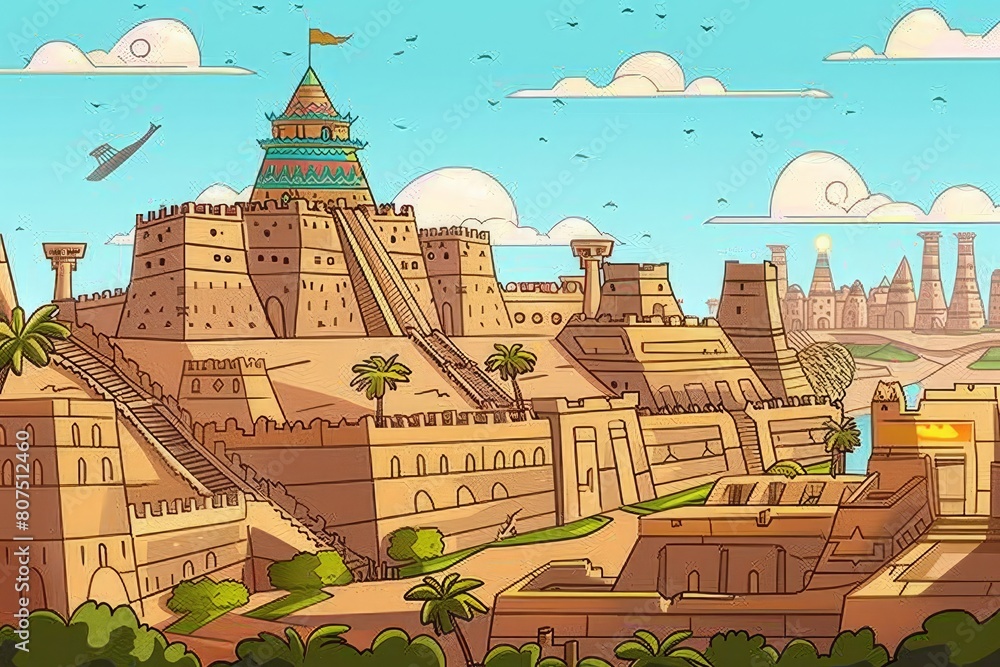 Cartoon cute doodles of ornate palaces and bustling trade routes in an ...