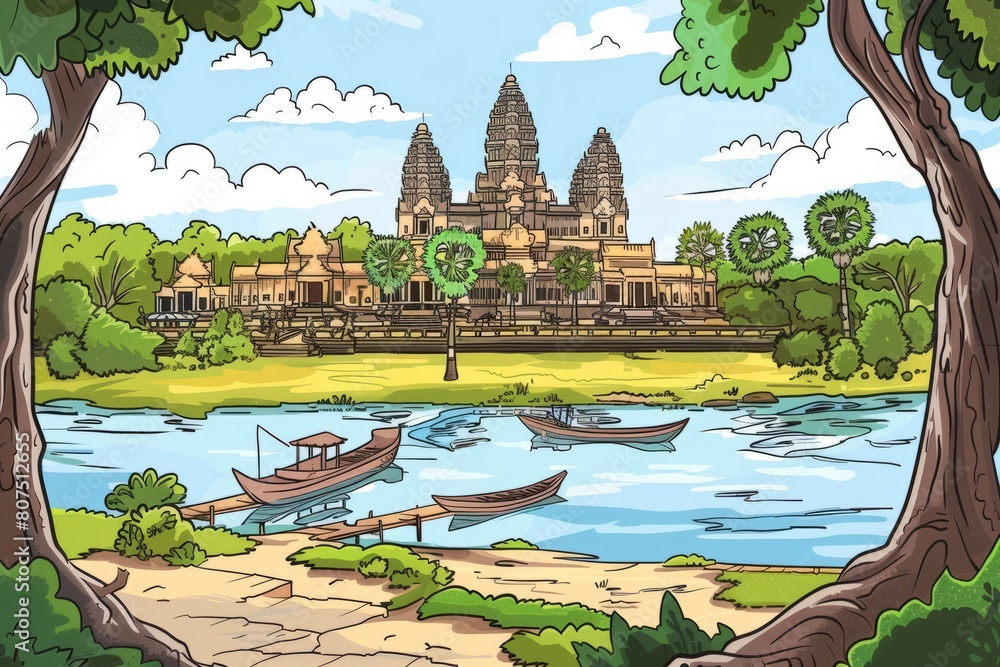 Cartoon cute doodles of ornate temples and bustling river docks in an ...