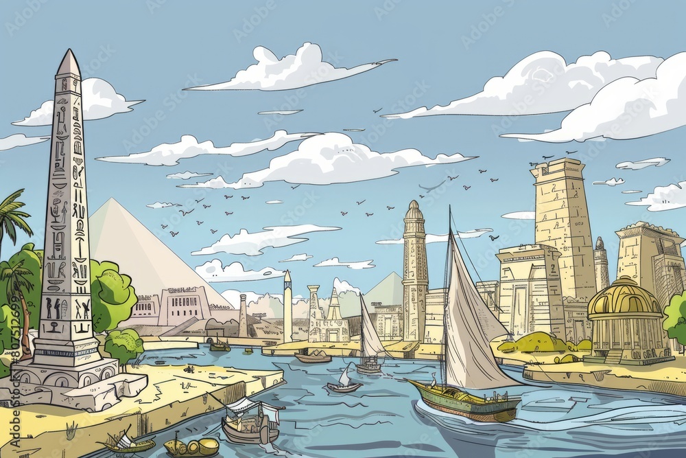 Cartoon cute doodles of towering obelisks and bustling harbors in an ...