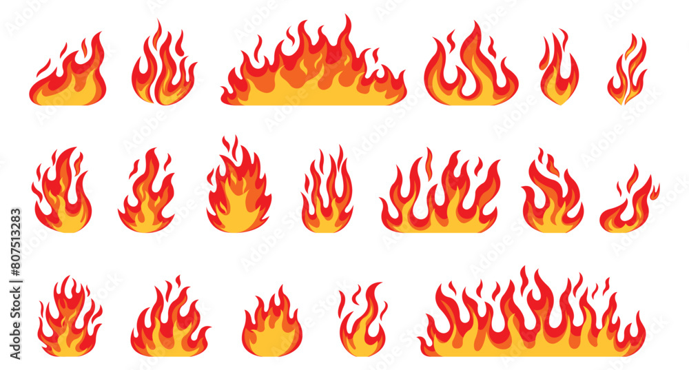 Fire flames, bright fireball, heat wildfire and red hot bonfire ...