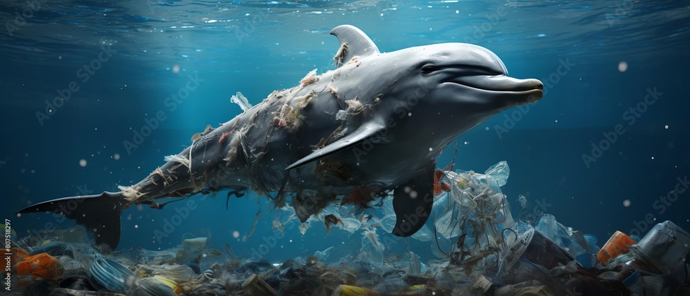 Impact of plastic waste on marine life, featuring a dolphin navigating ...