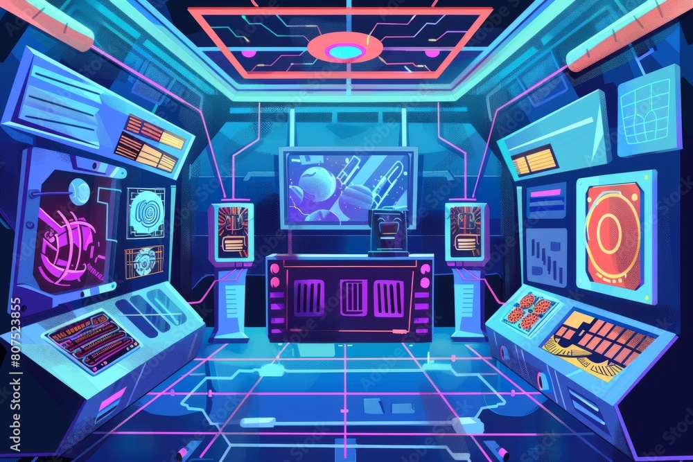 Cartoon cute doodles of a cybernetic art gallery showcasing digital ...