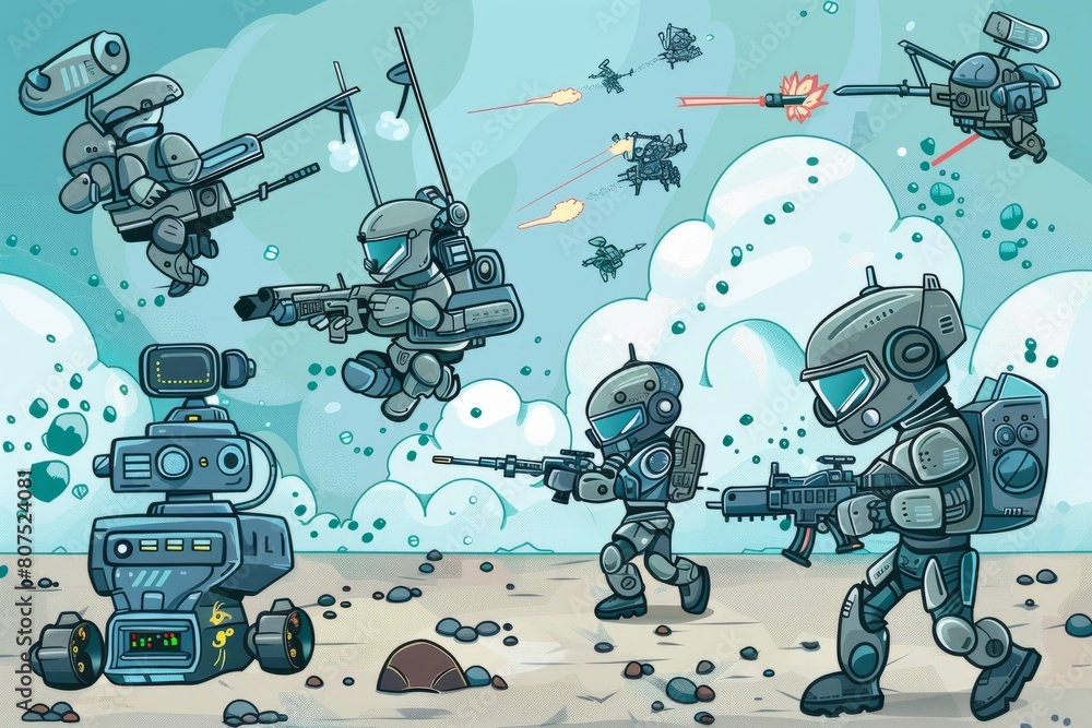 Cartoon cute doodles of a cybernetic battlefield where futuristic ...
