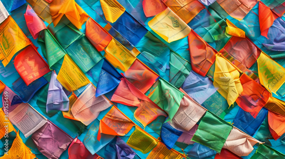 A pattern of colorful Tibetan prayer flags, fluttering in the wind and ...