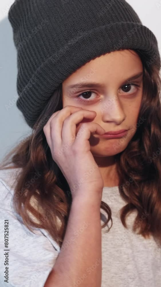 Vertical video. Crying child. Unhappy kid. Behavior punishment. Sad ...