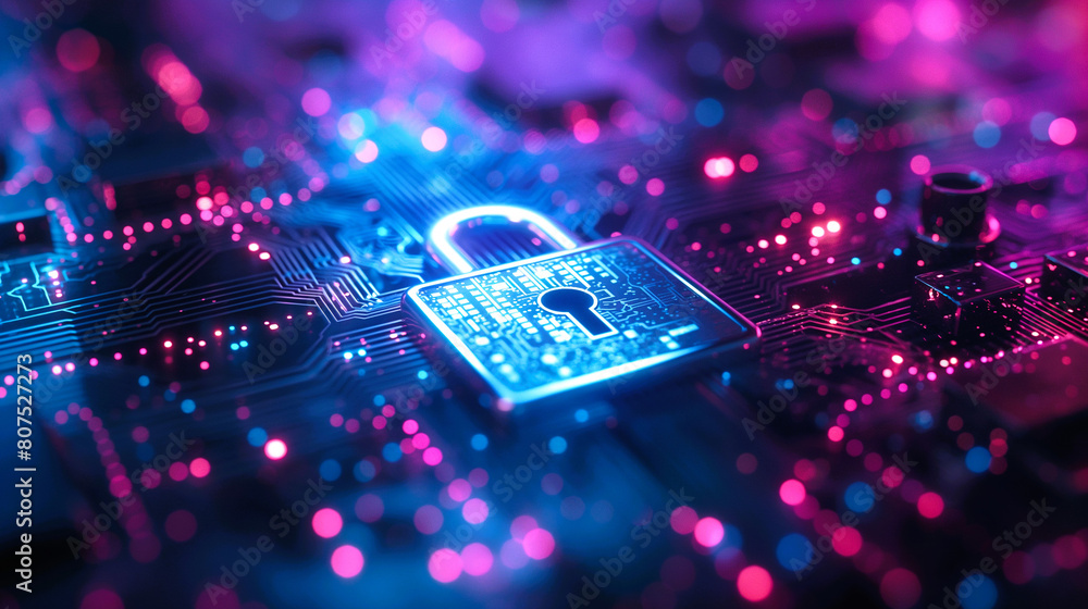 A blue and purple image of a lock on a computer screen, depicting an ...