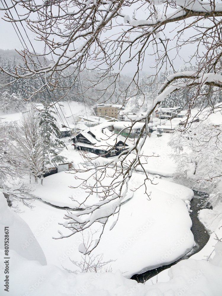 Beautiful Japanese winter scenery, small village with traditional ...