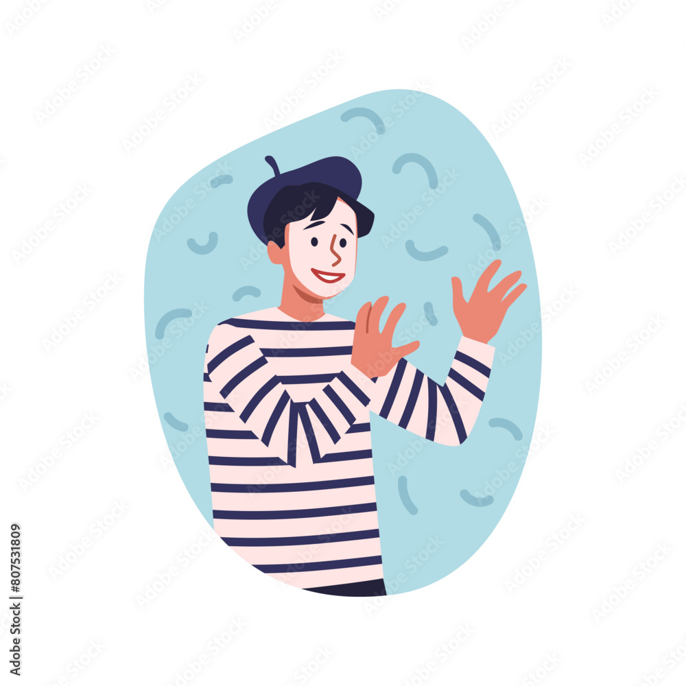 Mime theater artist, vector cartoon male actor with white face makeup ...