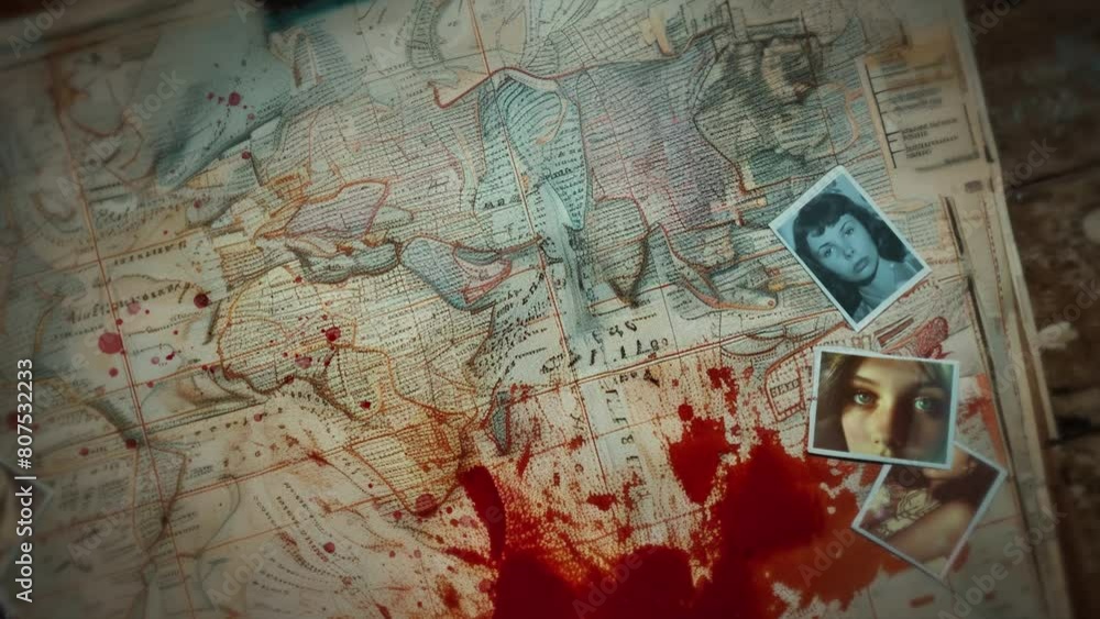 Desk with an old map with a red blood splatter, papers, documents, and ...