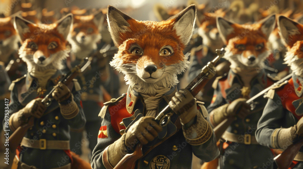 Cute and clever Fox soldier Army in uniform and holding weapon. Stock ...