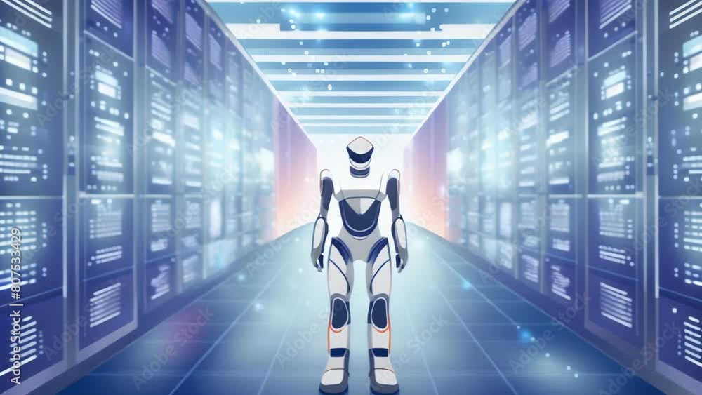 A humanoid robot stands in a brightly lit corridor of a data center ...