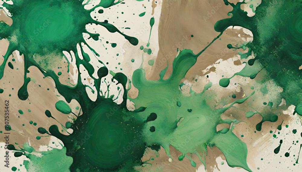 An intricate top-down view of emerald green paint splatters dispersed ...