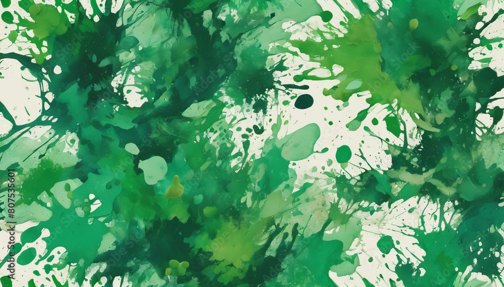 An intricate top-down view of emerald green paint splatters dispersed ...