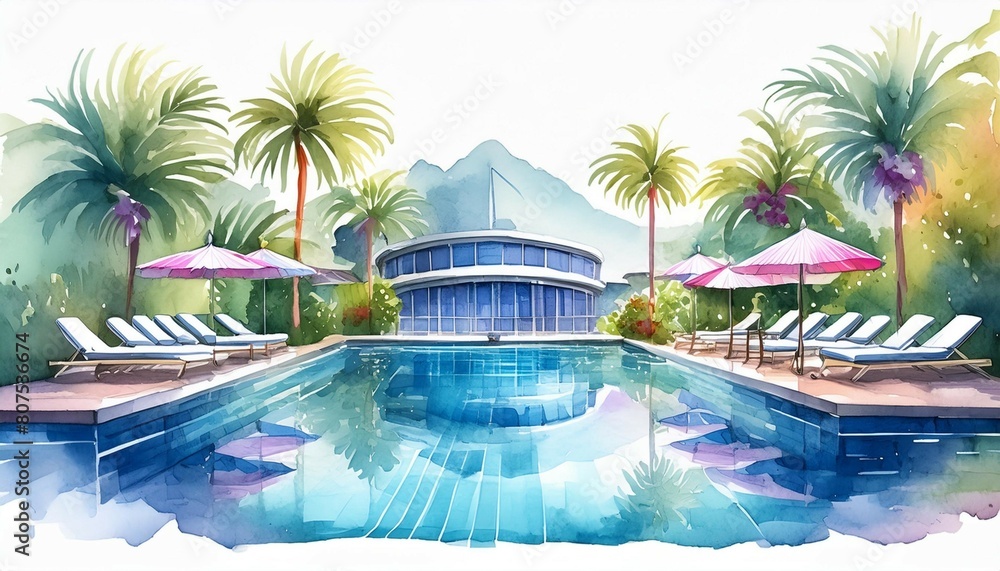swimming pool resort watercolor clipart isolated on white background ...