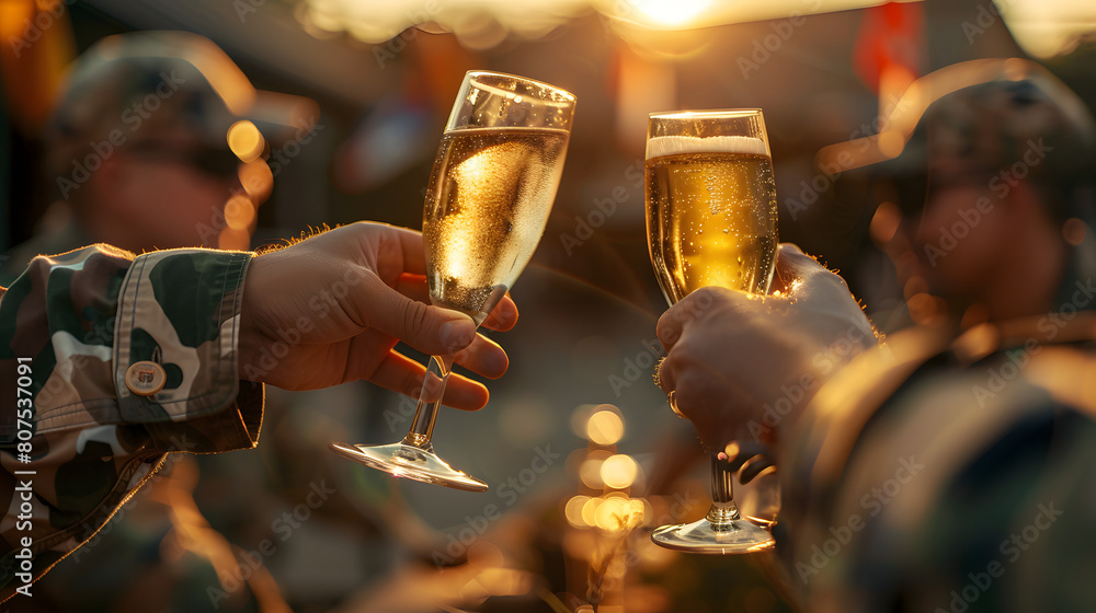 Veterans sharing a toast in honor of absent friends, a glass raised in ...