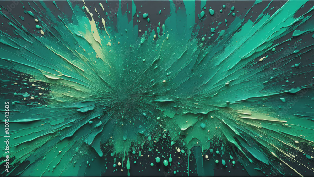 An intricate top-down view of emerald green paint splatters dispersed ...